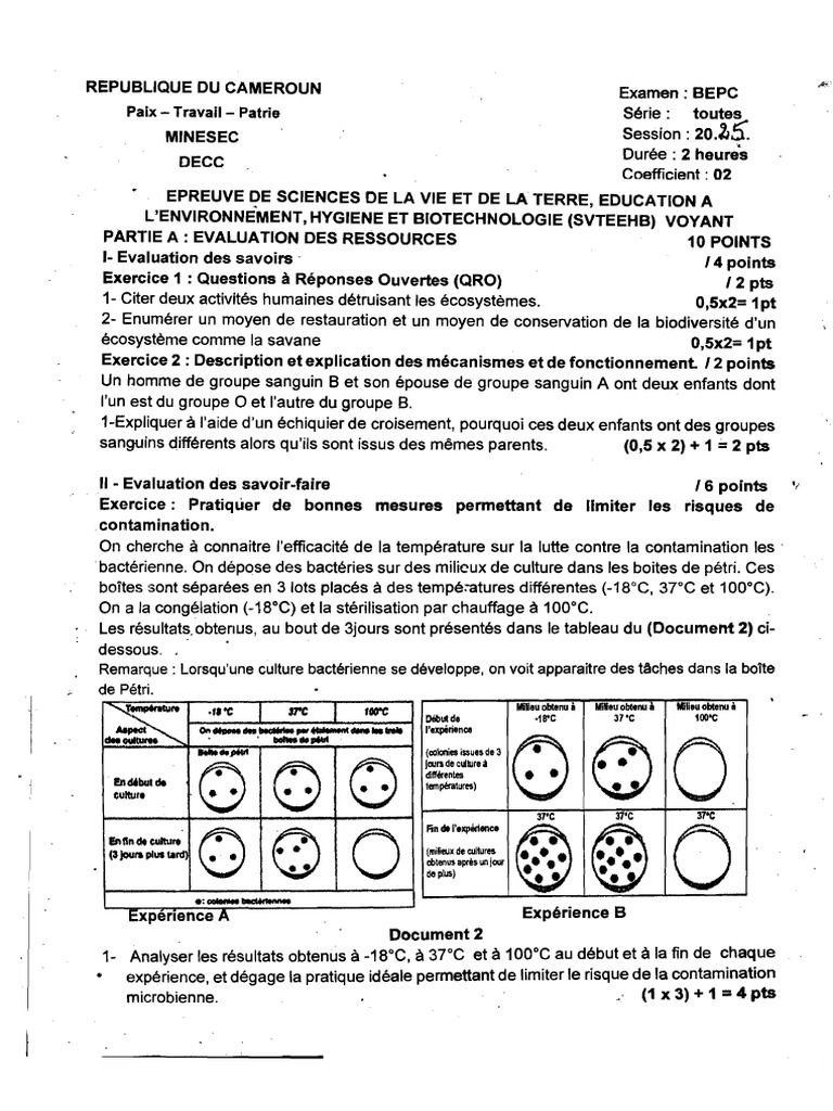 Epreuve Et Corrigé Du BEPC 2025 SVTEEHB Cameroun | PDF