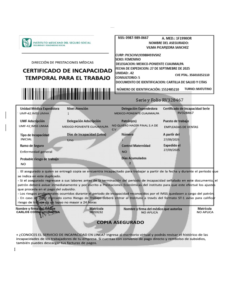 Certificado de Incapacidad IMSS 2025 | PDF