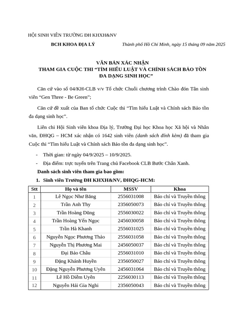 Clbbcx_vbxn_cuộc Thi_tìm Hiểu Luật Và Chính Sách Bảo Tồn Đa Dạng Sinh Học | PDF