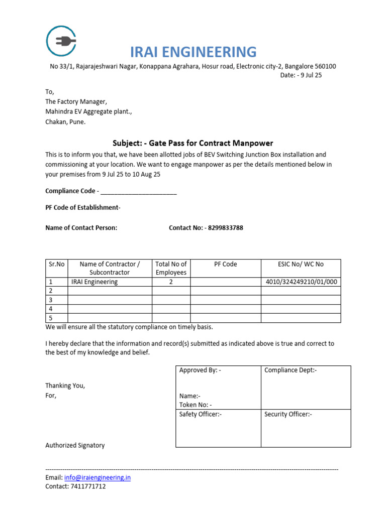 Gate Pass Request for Contract Manpower | PDF
