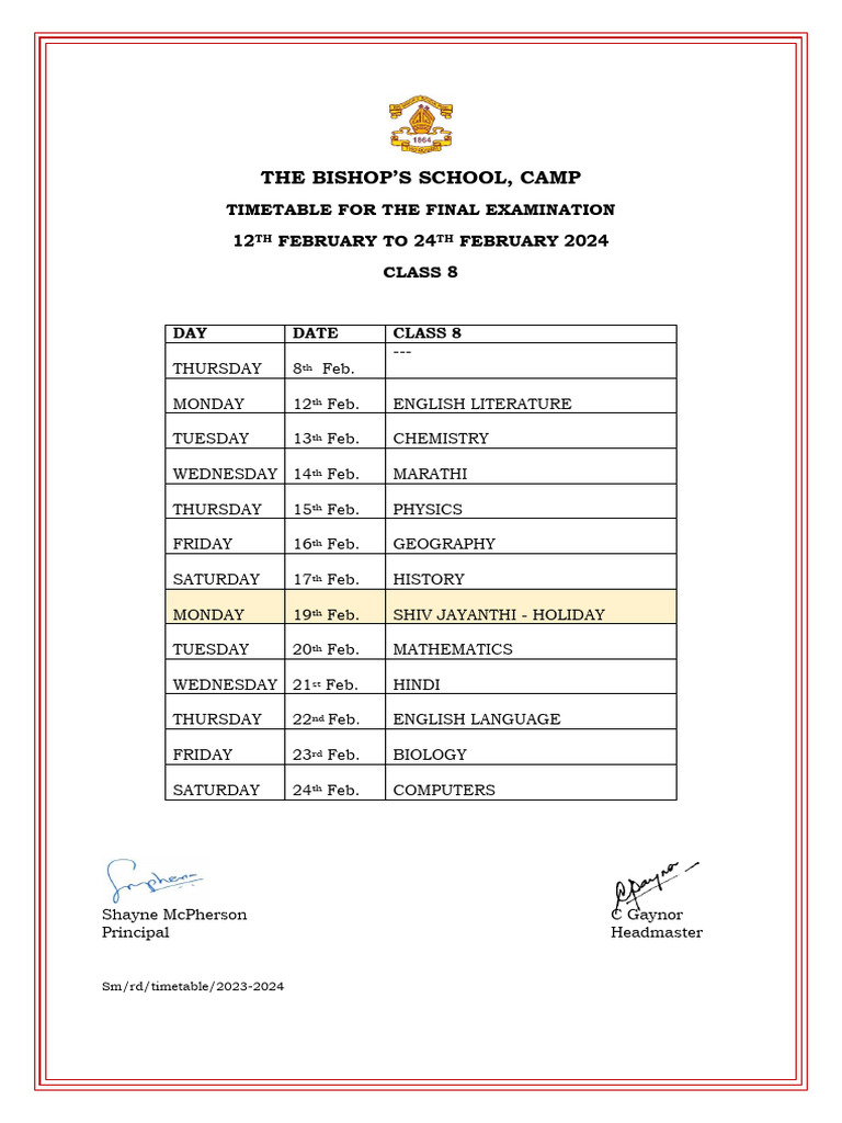 24012024120452timetable - Final Examination - Class 8 | PDF