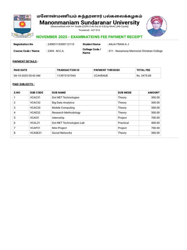 M.S. University Exam Fee Receipt 2025 | PDF