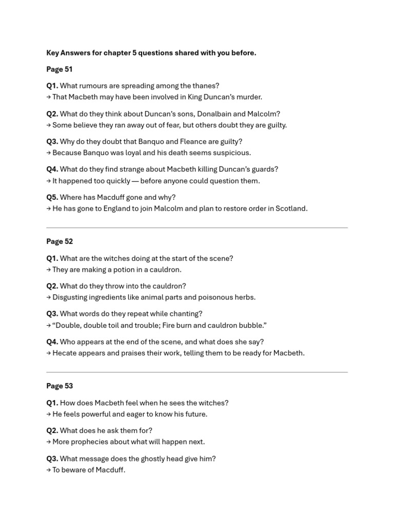 Macbeth Chapter 5 Key Questions Answered | PDF | Macbeth ...