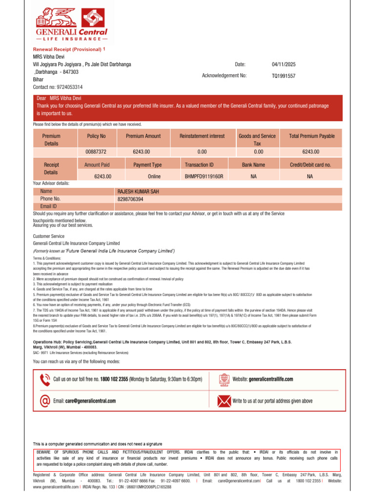 Generali Central Life Insurance Premium Receipt | PDF | Life Insurance ...
