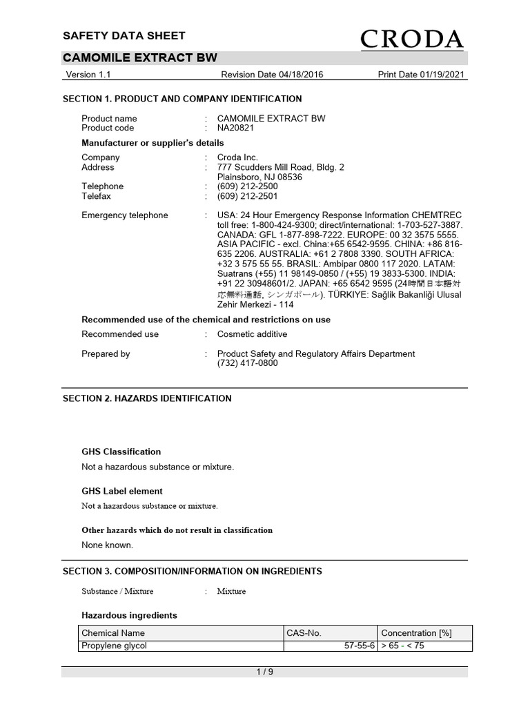 Na20821 - Camomile Extract BW - Usensds | PDF | Working Conditions | Safety