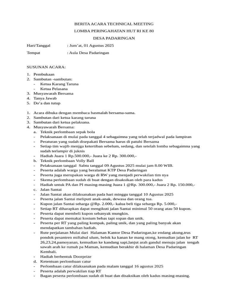 Berita Acara Technical Meeting Lomba Agustusan | PDF