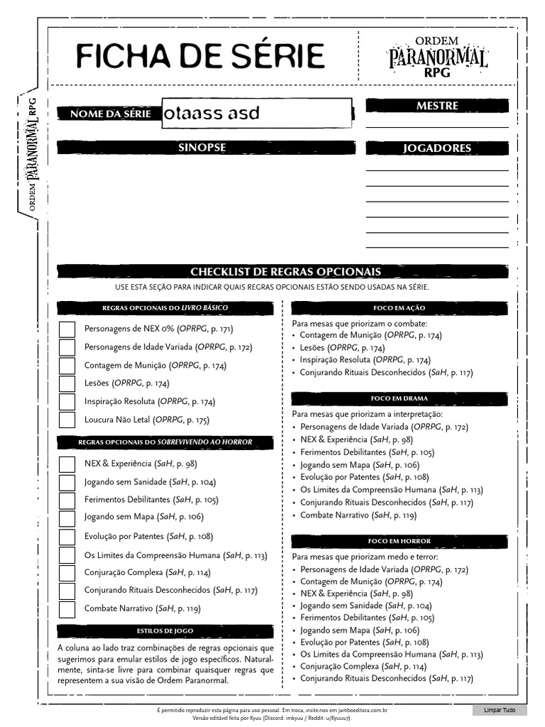 OPRPG - Ficha de Série Editável (Por Kyuu) - Sobrevivendo Ao Horror | PDF