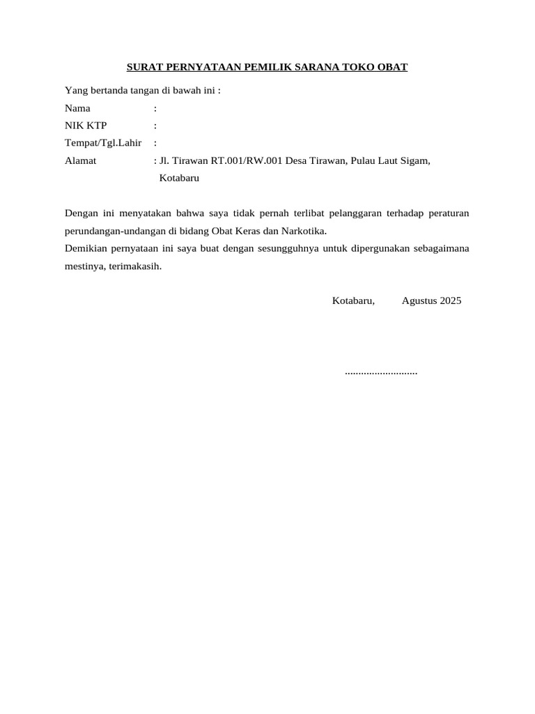 Surat Pernyataan Pemilik Toko Obat | PDF