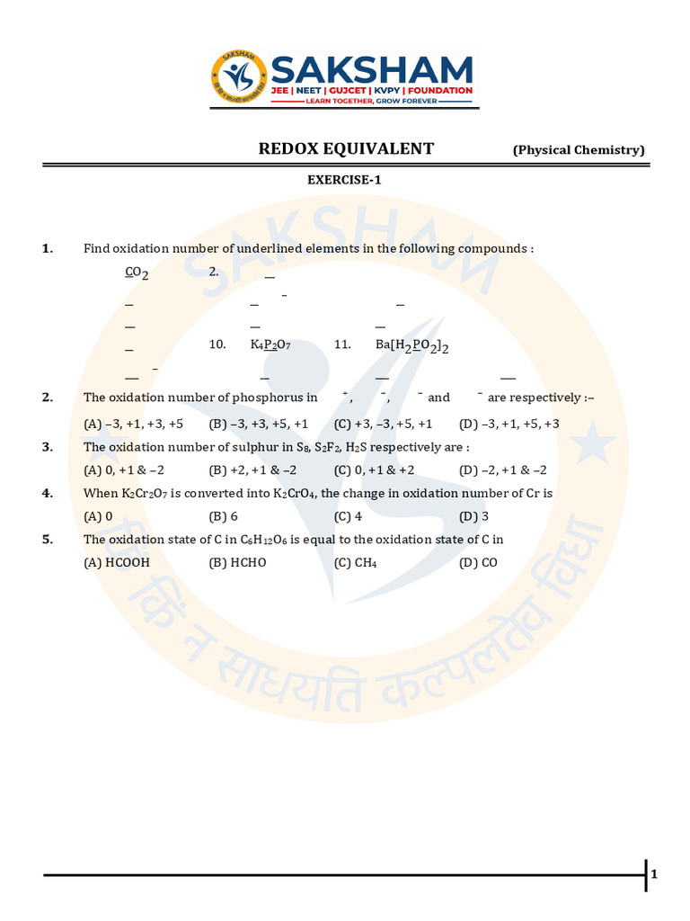Sheet - 01 - Redox Reaction | PDF | Redox | Chemistry