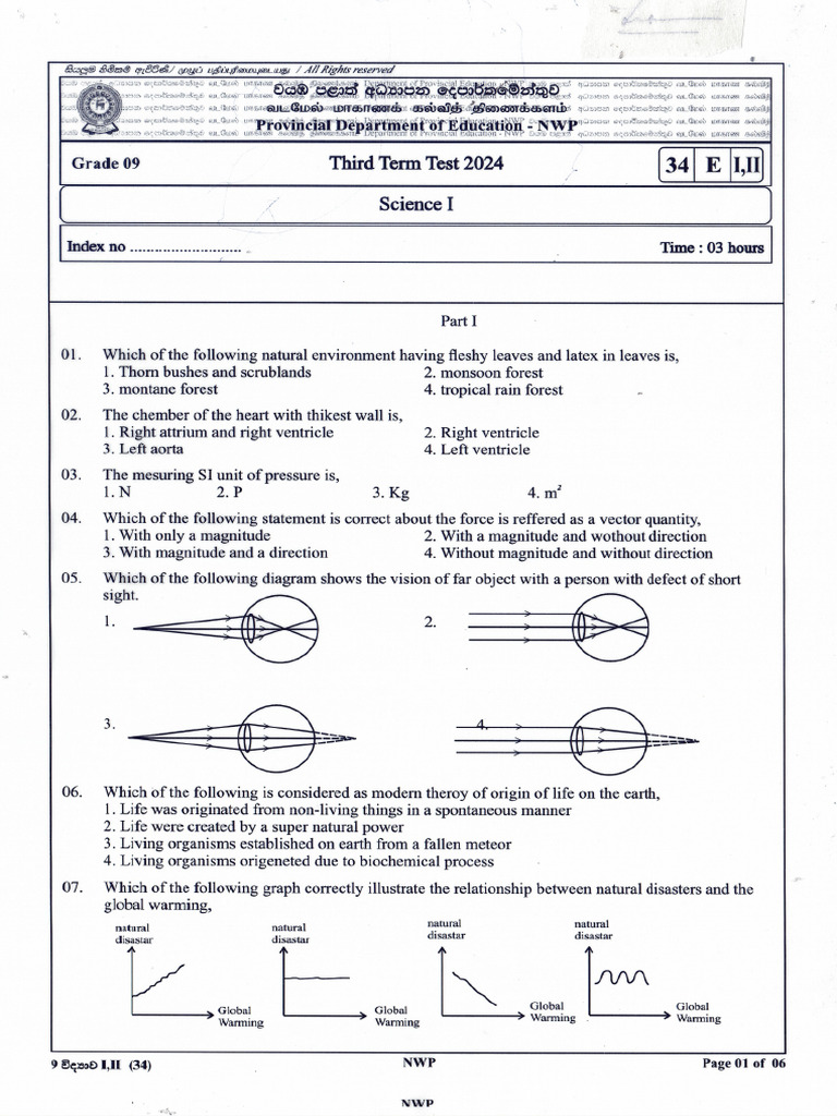 Grade 09 Science EM Paper NWP 2024 With Answers Past Papers Wiki | PDF