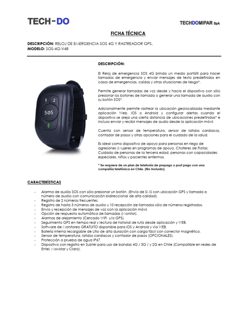 Ficha Técnica Reloj Sos-4g-V48 | PDF | Sistema de Posicionamiento Global | 3 G