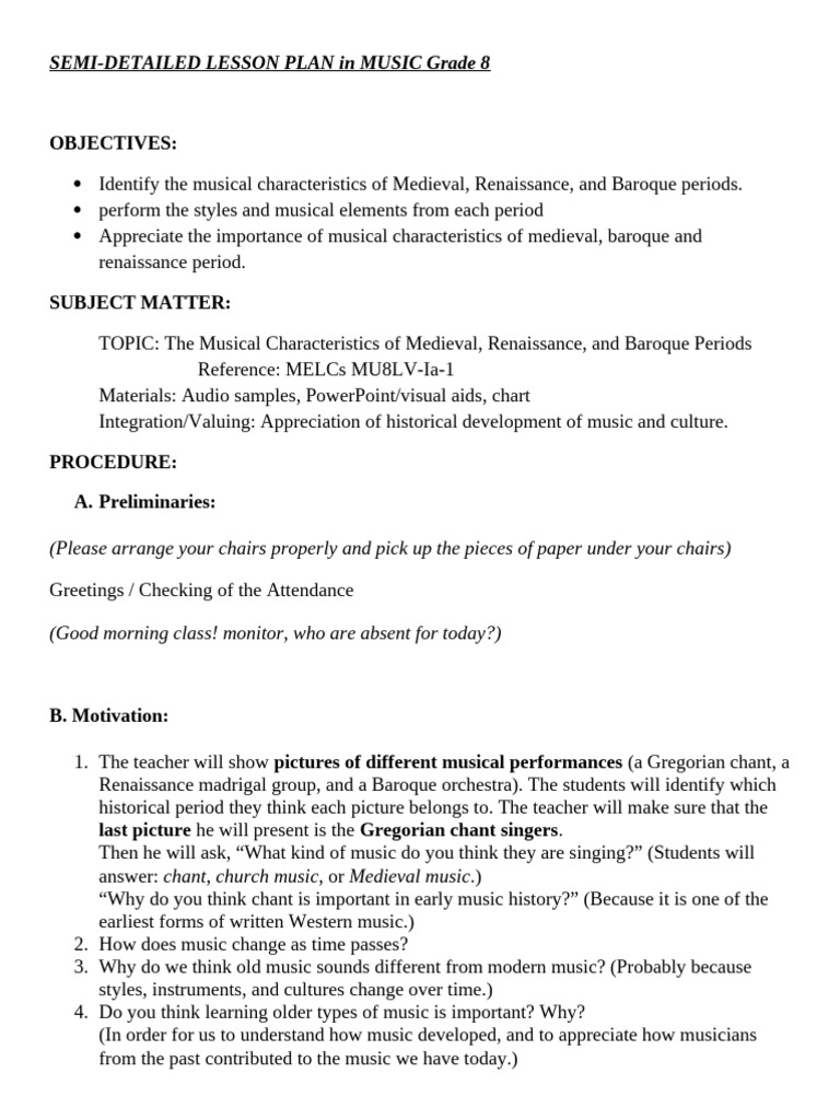 Grade 8 Music Lesson Plan: Historical Periods | PDF | Baroque Music ...
