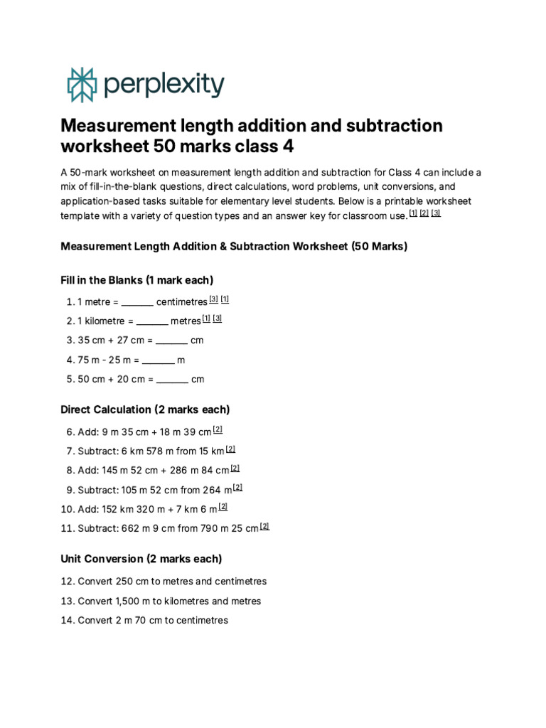 Class 4 Length Addition & Subtraction Worksheet | PDF | Length ...
