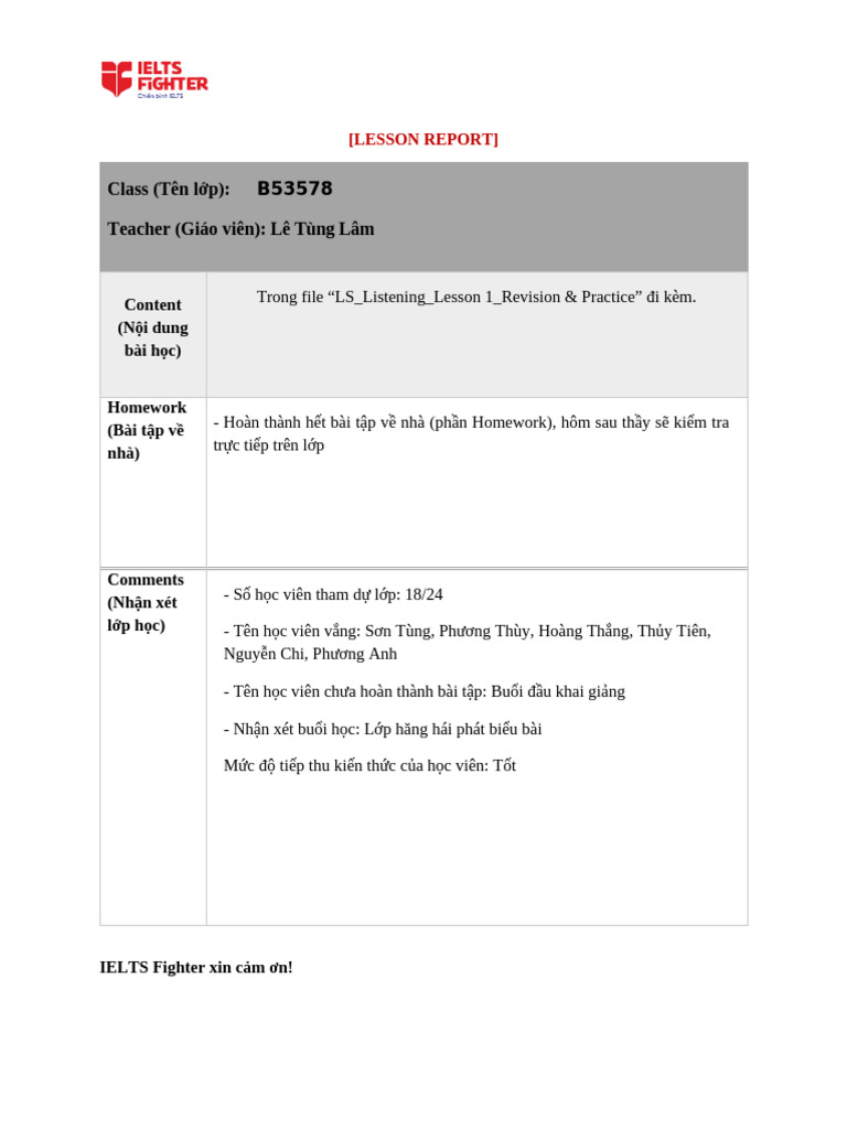 (IE) - LESSON REPORT - Lesson Listening - Reading | PDF