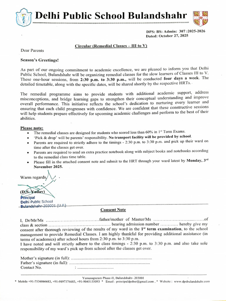 Remedial Classes Circular | PDF