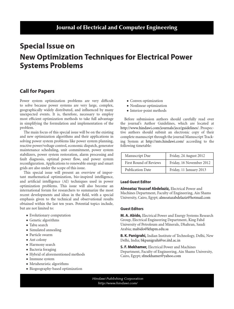 Special Issue On New Optimization Techniques For Electrical Power Systems Problems | PDF ...
