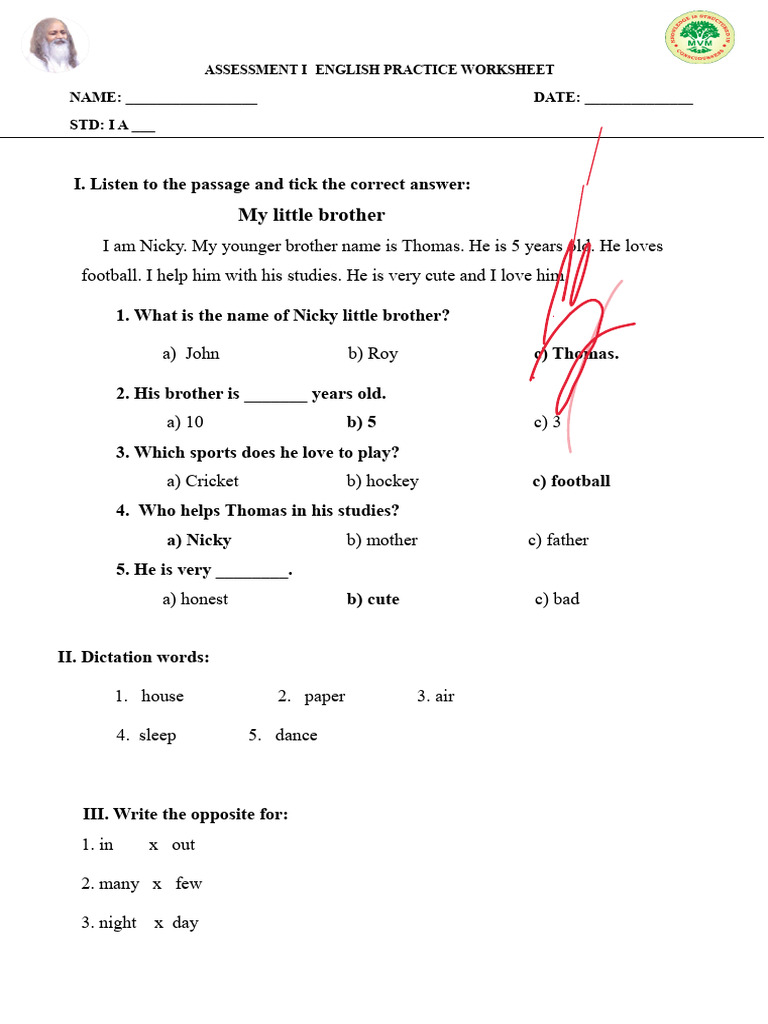 English Practice Worksheet for Grade 1 | PDF