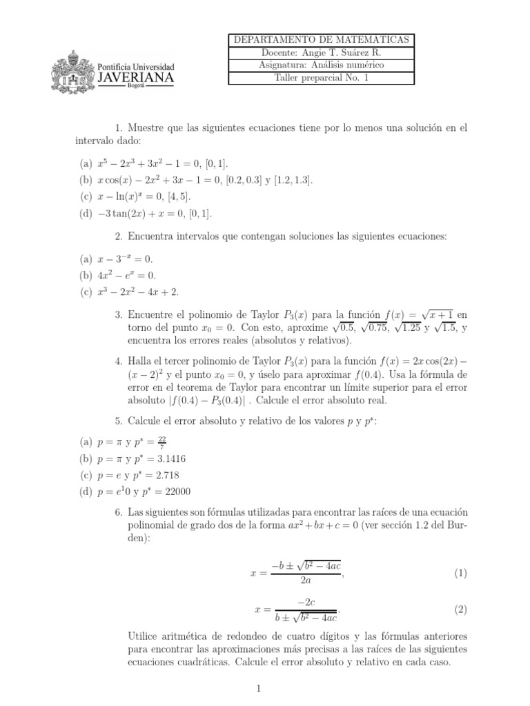 Preparcial Análisis Numérico | PDF | Matriz (Matemáticas) | Matemáticas Aplicadas