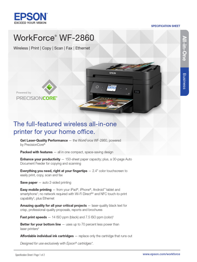 Epson WorkForce WF-2860 Product Specifications | PDF | Image Scanner ...
