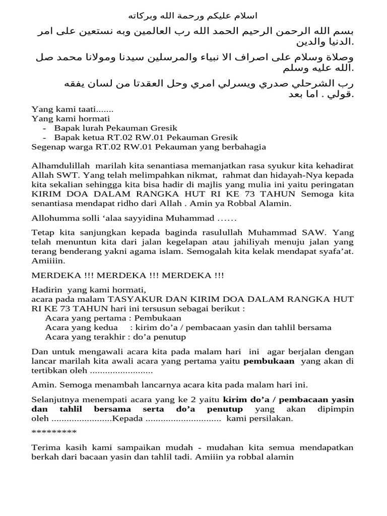 Peringatan HUT RI ke-73: Tasyakur dan Doa | PDF