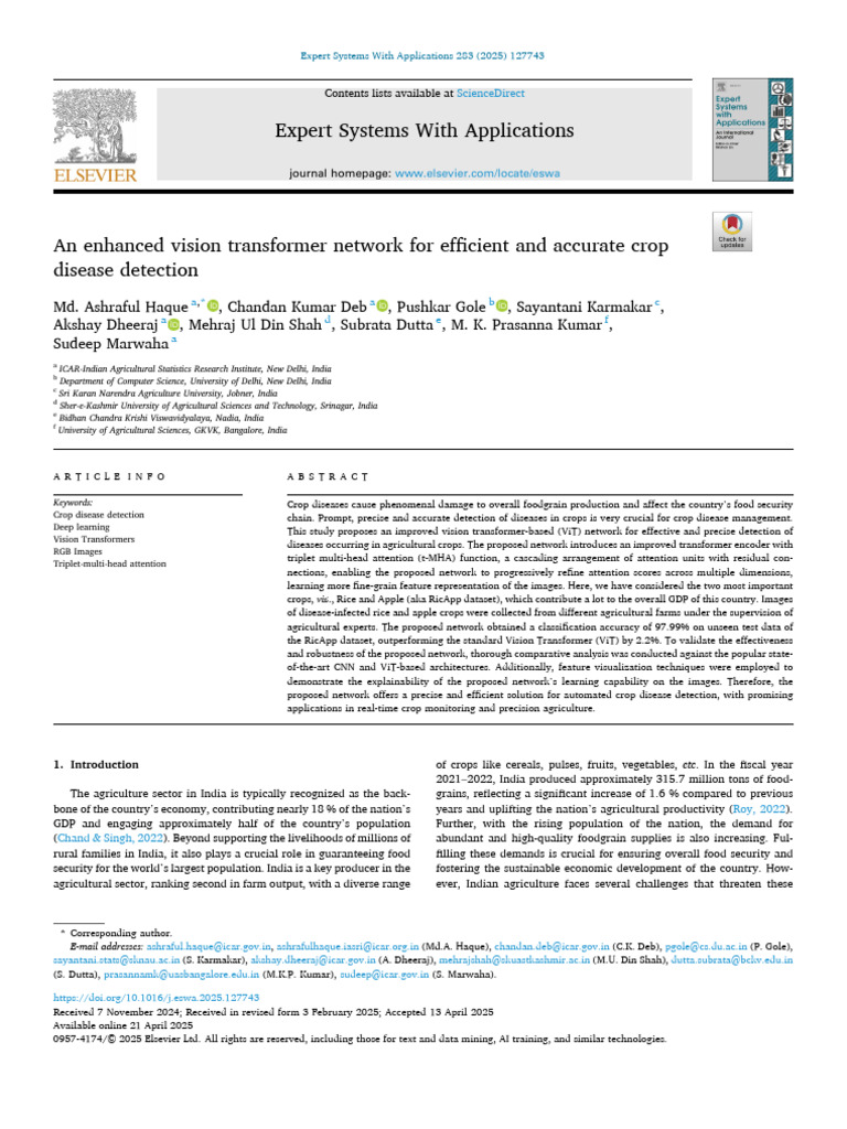 An Enhanced Vision Transformer Network For Efficient and Accurate Crop ...