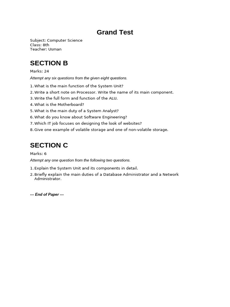 Computer Grand Test Class8 Final | PDF