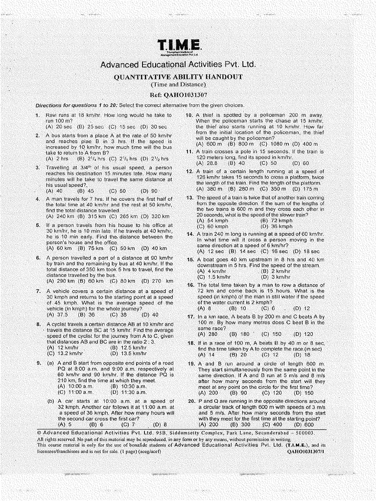 QAHO1031307 - Quantitative Ability Handout (Time & Distance) | PDF
