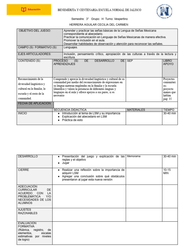 Planeación LSM Memorama | PDF | Lenguaje de señas | Modificación de ...