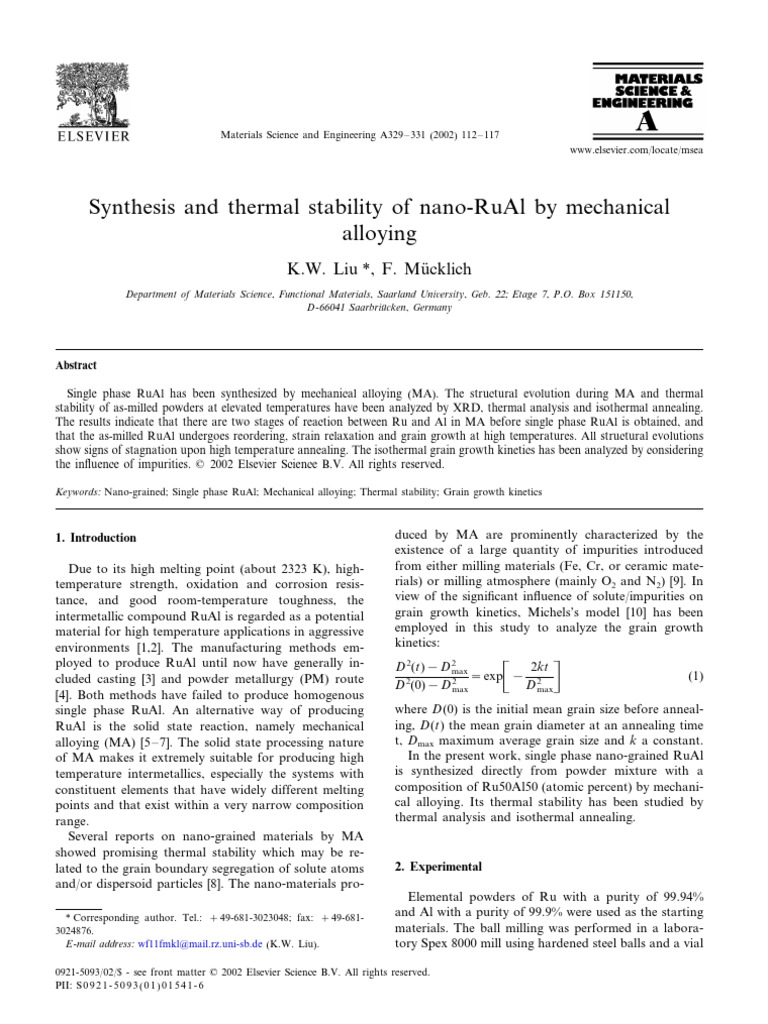 Synthesis and Thermal Stability of Nano RuAl B 2002 Materials Science ...