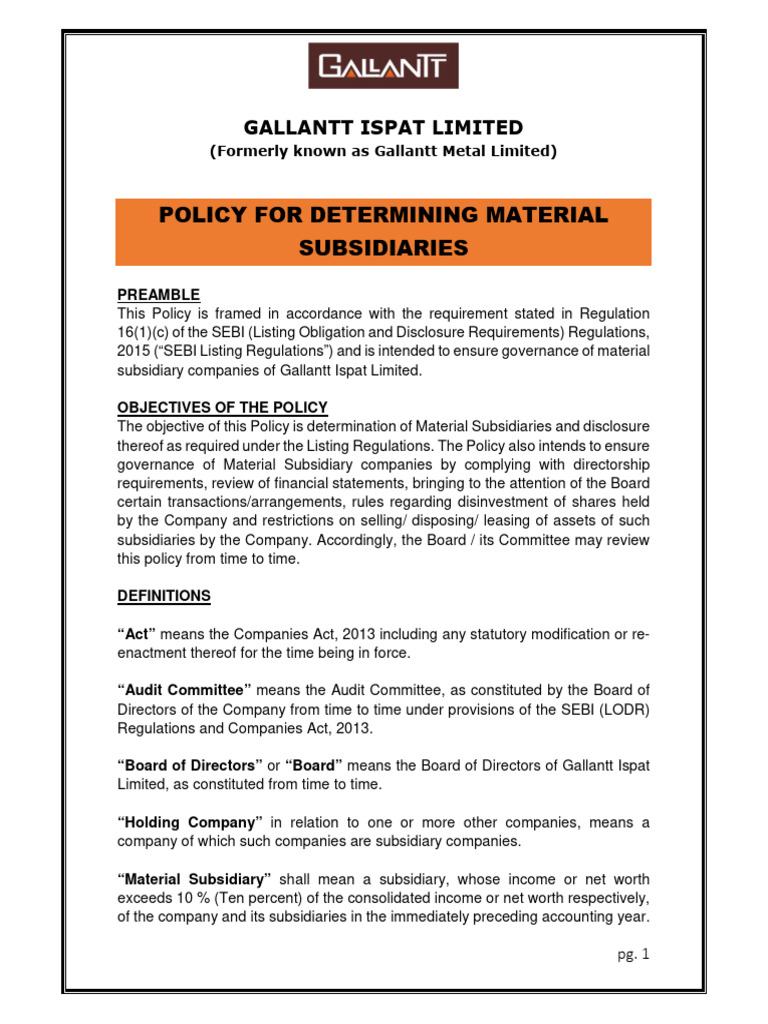 Gallantt Ispat Material Subsidiary Policy | PDF | Subsidiary | Board Of ...