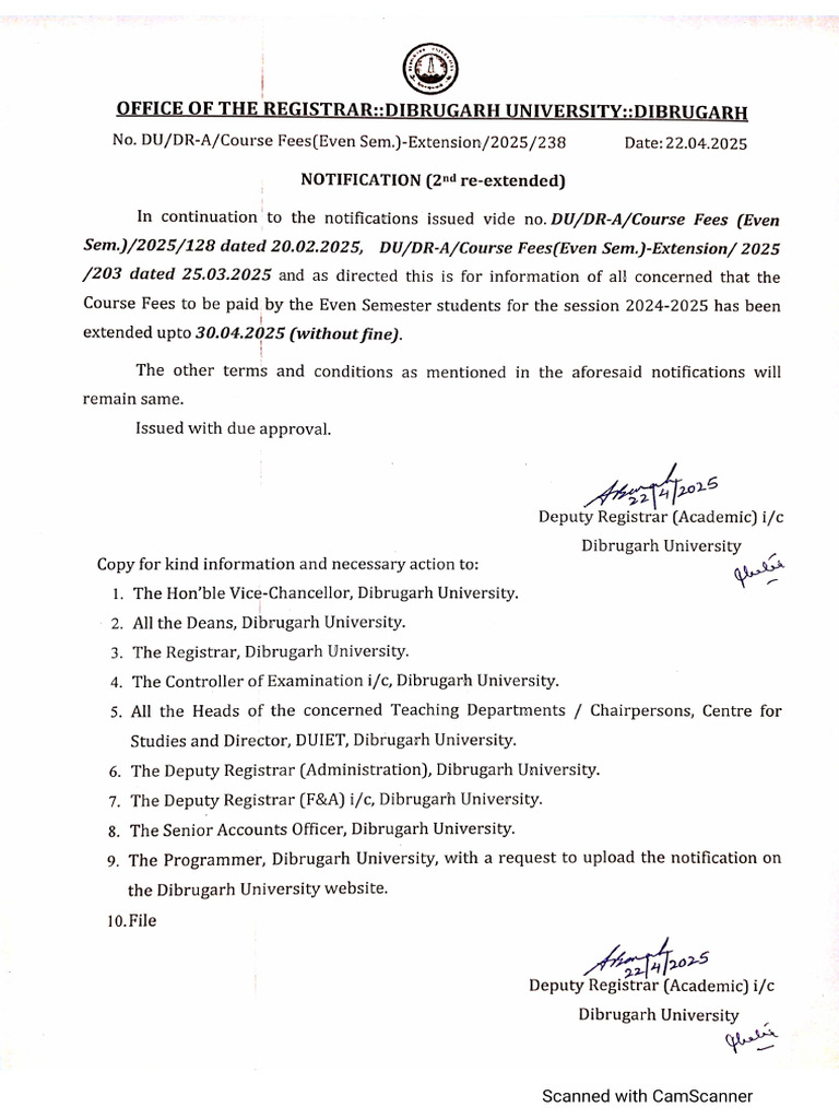 Notification Regarding The Second Re-Extension of Even Semester Course ...