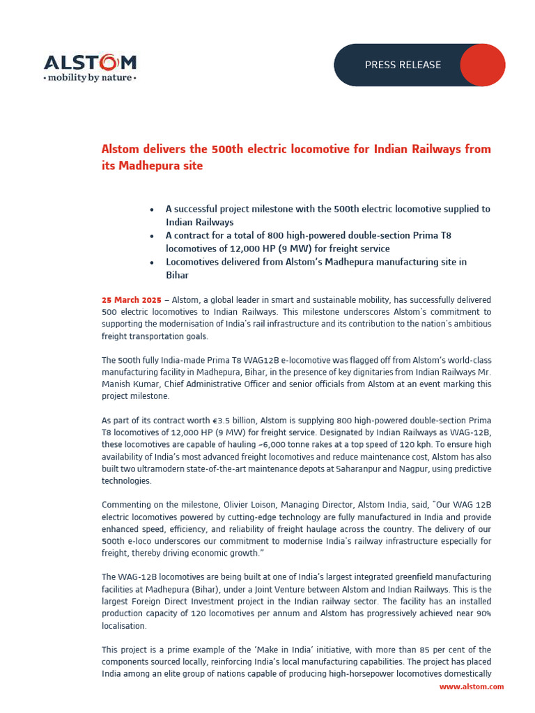 PR India 500th ELoco Delivery en | PDF | Rail Transport | Locomotives