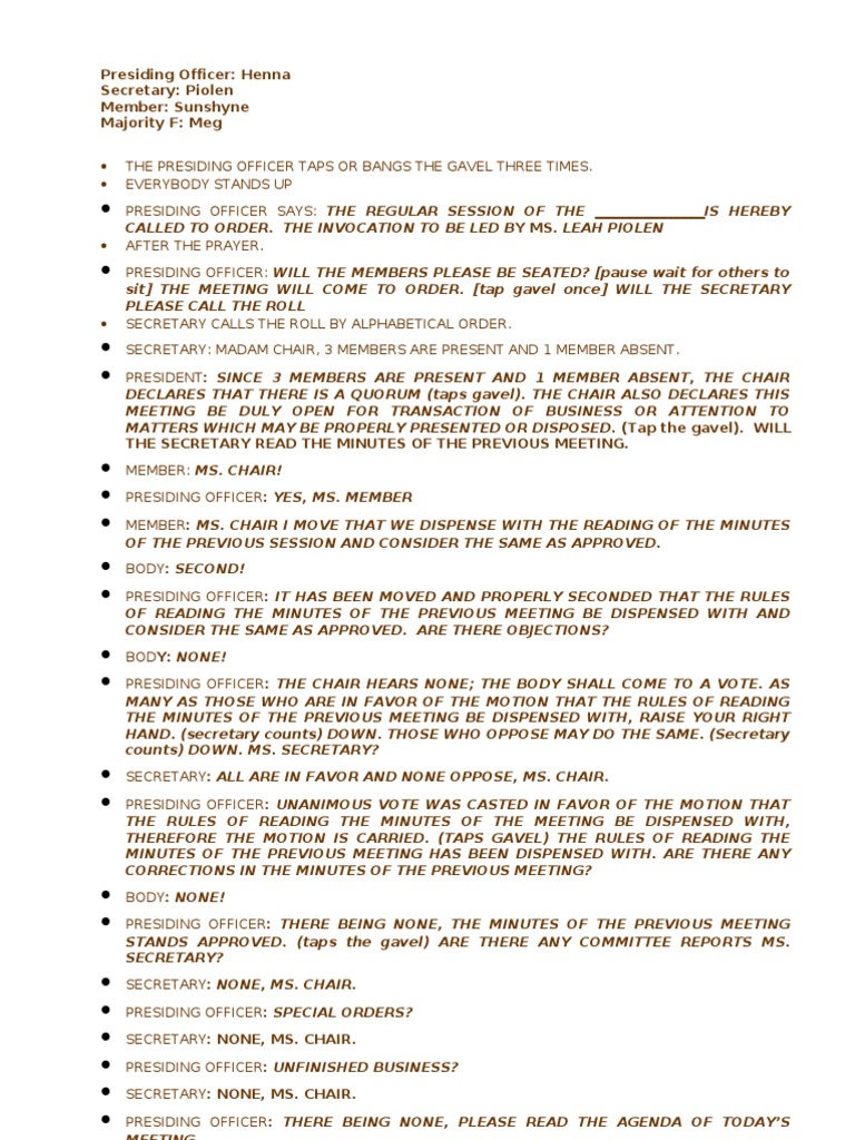 Parliamentary Procedure Meeting Script | PDF | Secondary School | Chairman