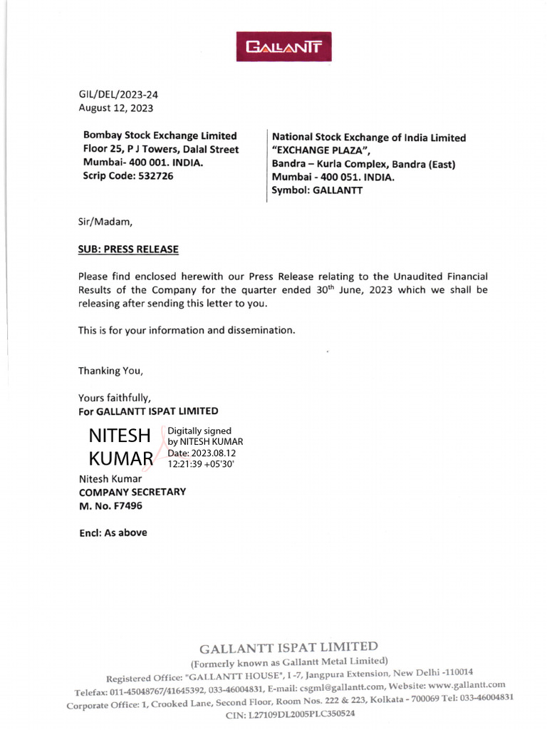 Gallantt Ispat Q1 FY24 Financial Results | PDF | Expense | Taxes