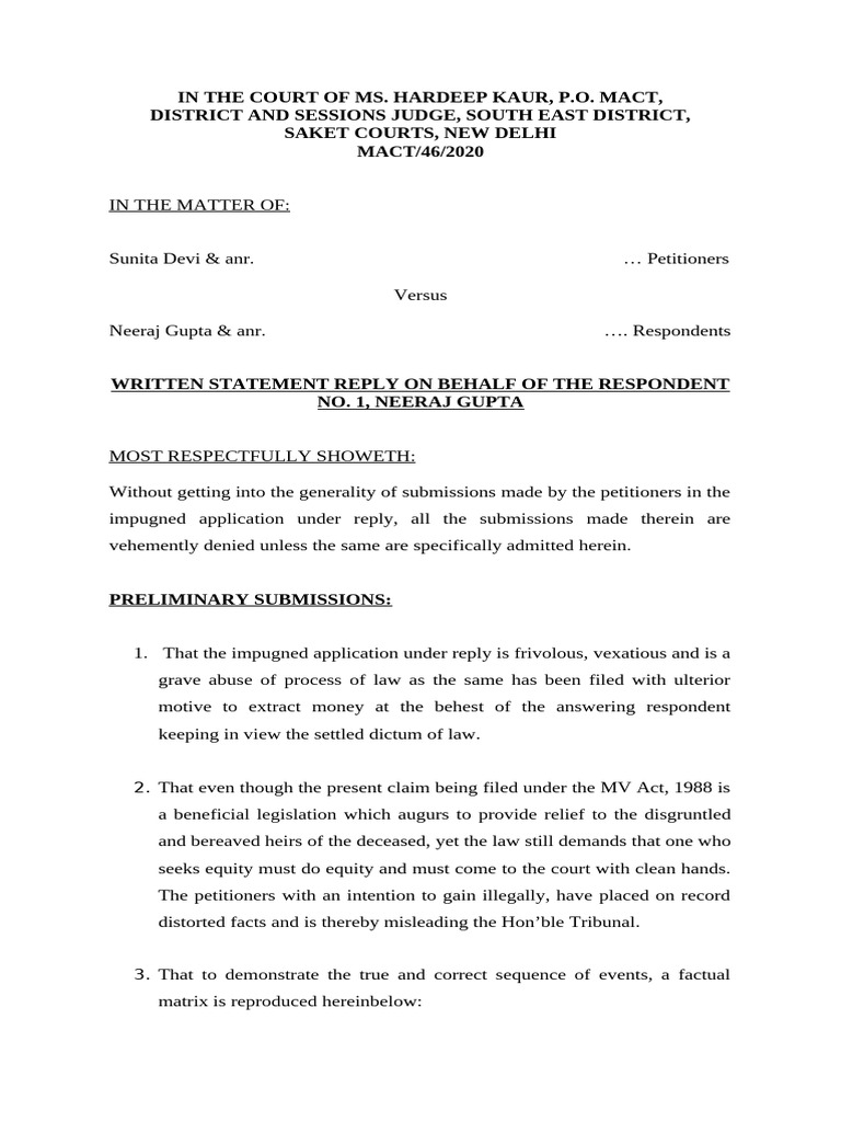 MACT Case: Neeraj Gupta's Defense Statement | PDF | Affidavit | Common Law