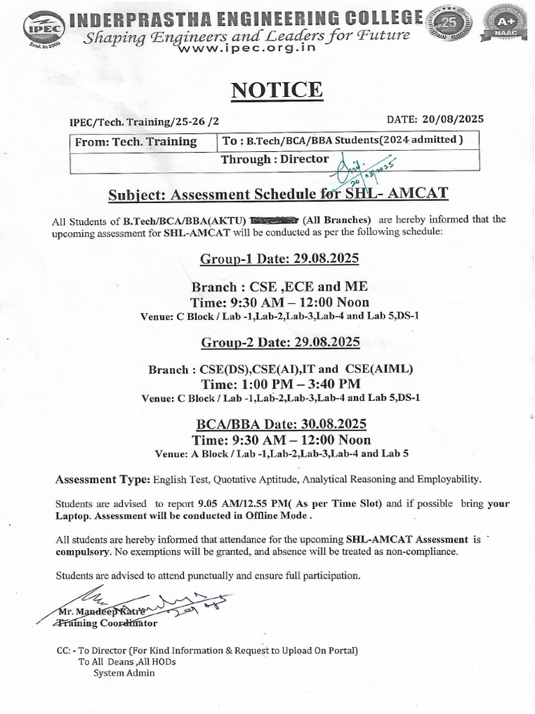 Assessment Schedule For SHL-AMCAT - Revised | PDF