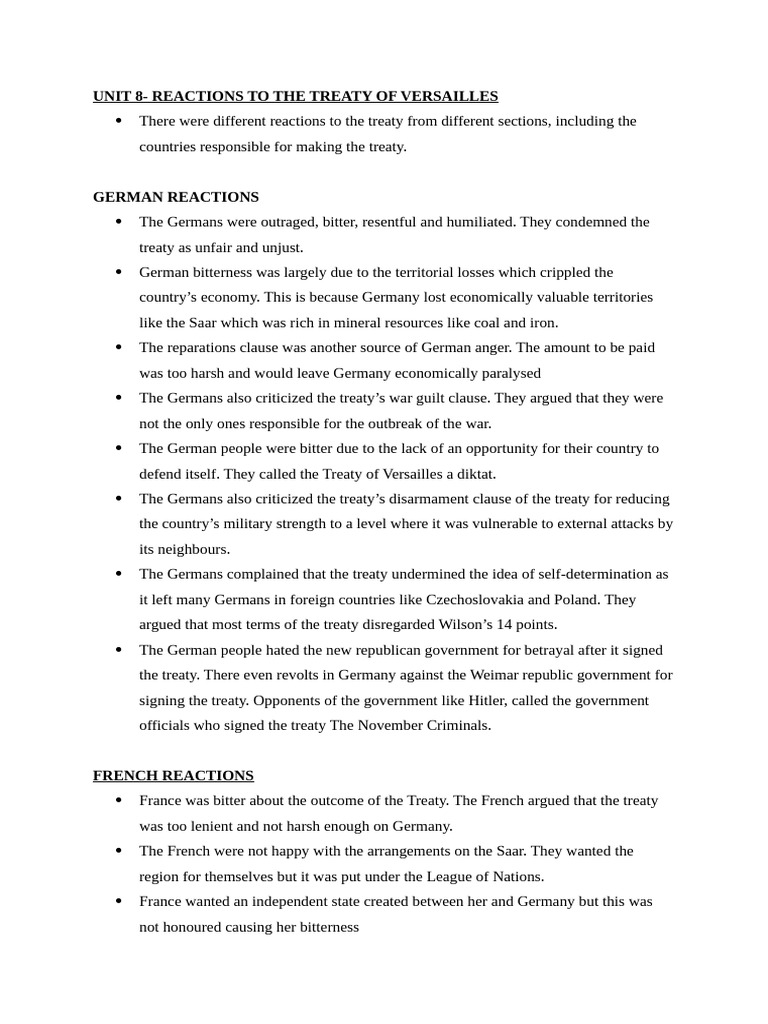 Unit 8- Reactions to Versailles 2 | PDF | Treaty Of Versailles | German ...