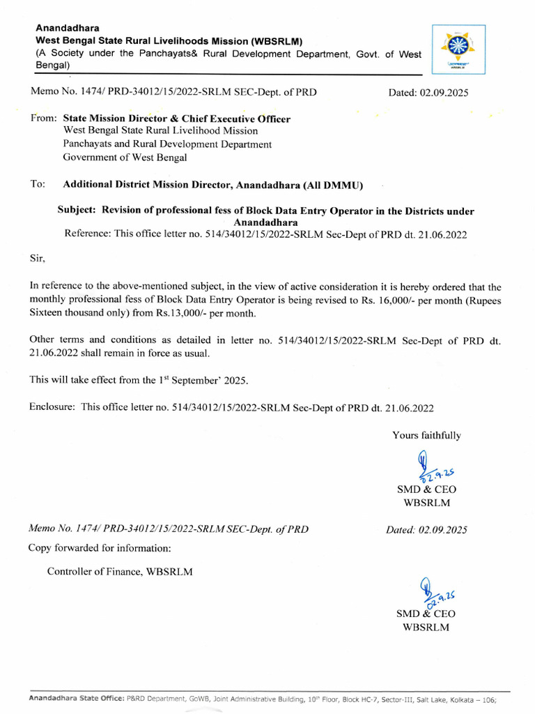 1474 Revision of Professional Fees of Block Level DEO 02-09-2025 | PDF