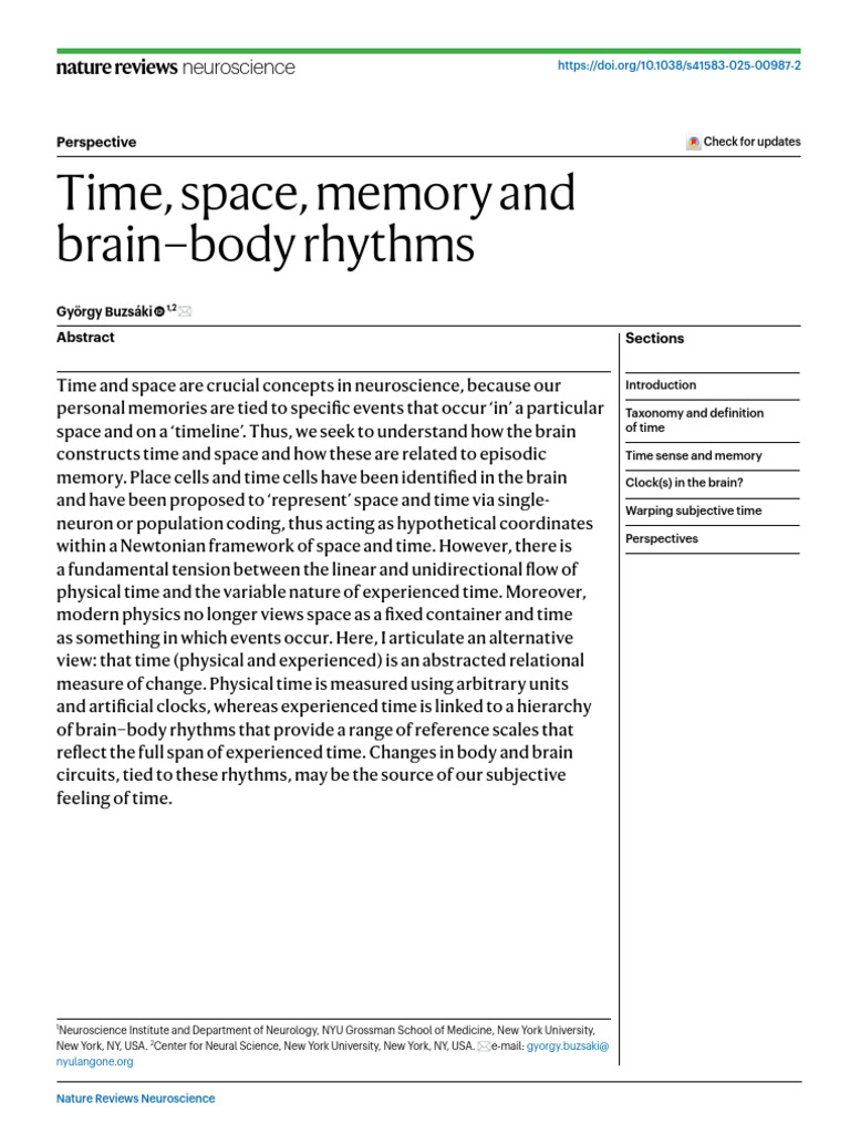 Time, Space, and Memory in Neuroscience | PDF | Time | Synapse