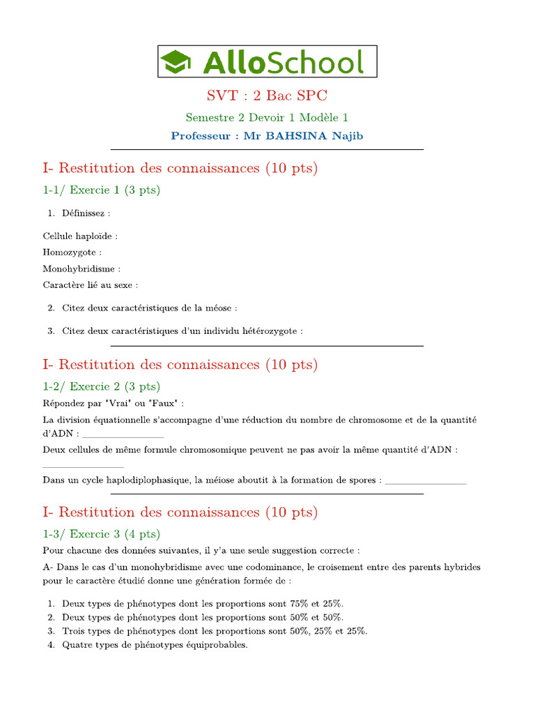 SVT 2bac SPC Semestre 2 Devoir 1 Modele 1 1 | PDF