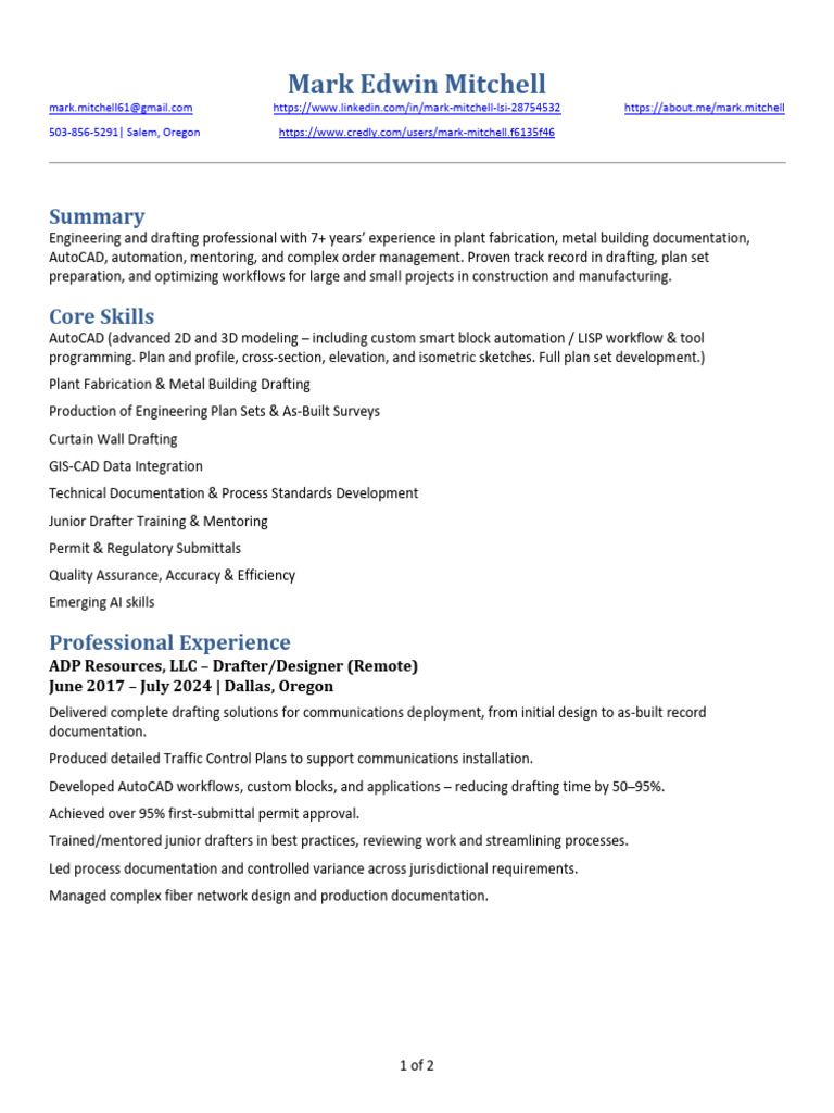 Mark Mitchell Resume for Metal Building AutoCAD Drafter | PDF | Technical Drawing | Engineering