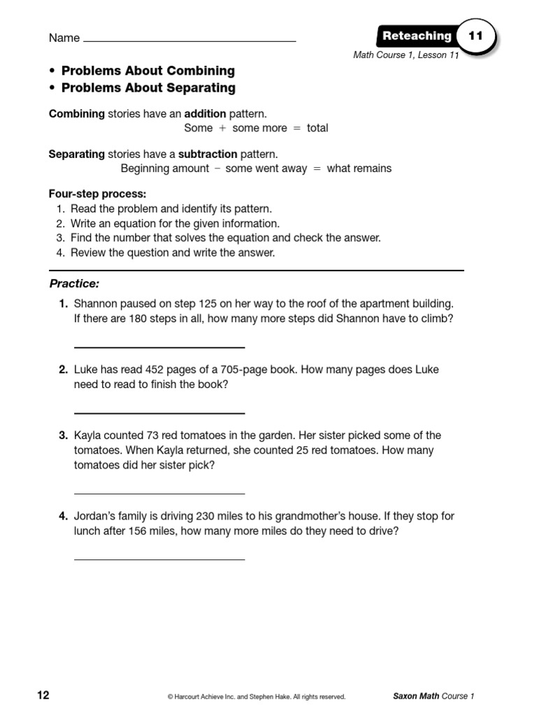Saxon Course 1 Reteachings Lessons 11-20 | PDF | Numbers | Mathematics