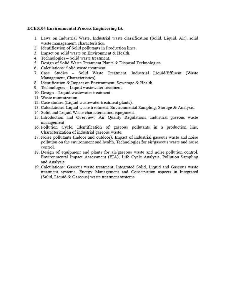 ECE5104 Environmental Process Engineering Course Outline.docx | PDF