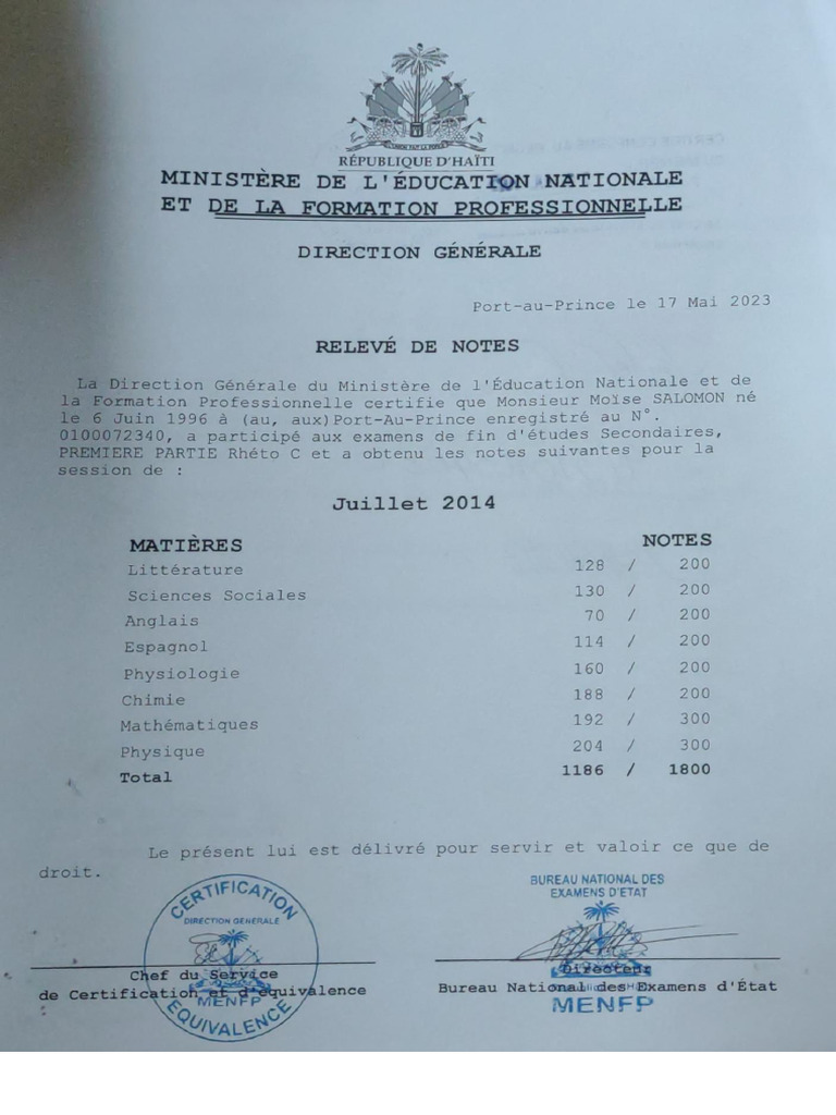 Relevé de Notes Bac 1 | PDF