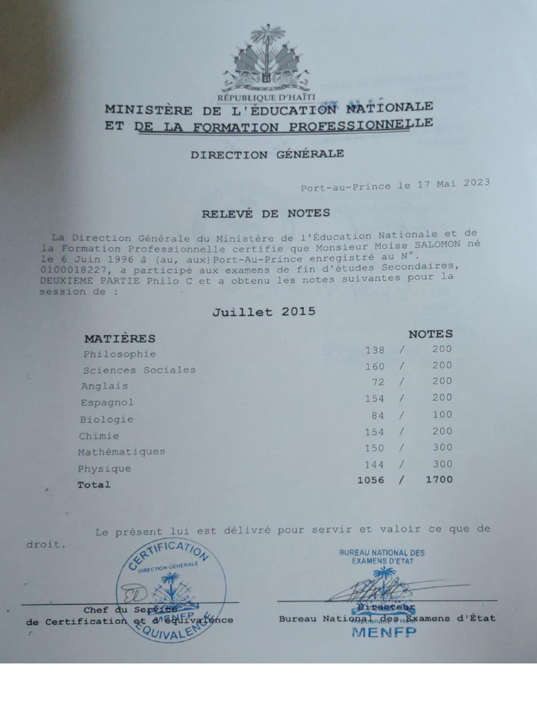 Relevé de Notes Bac 2 | PDF
