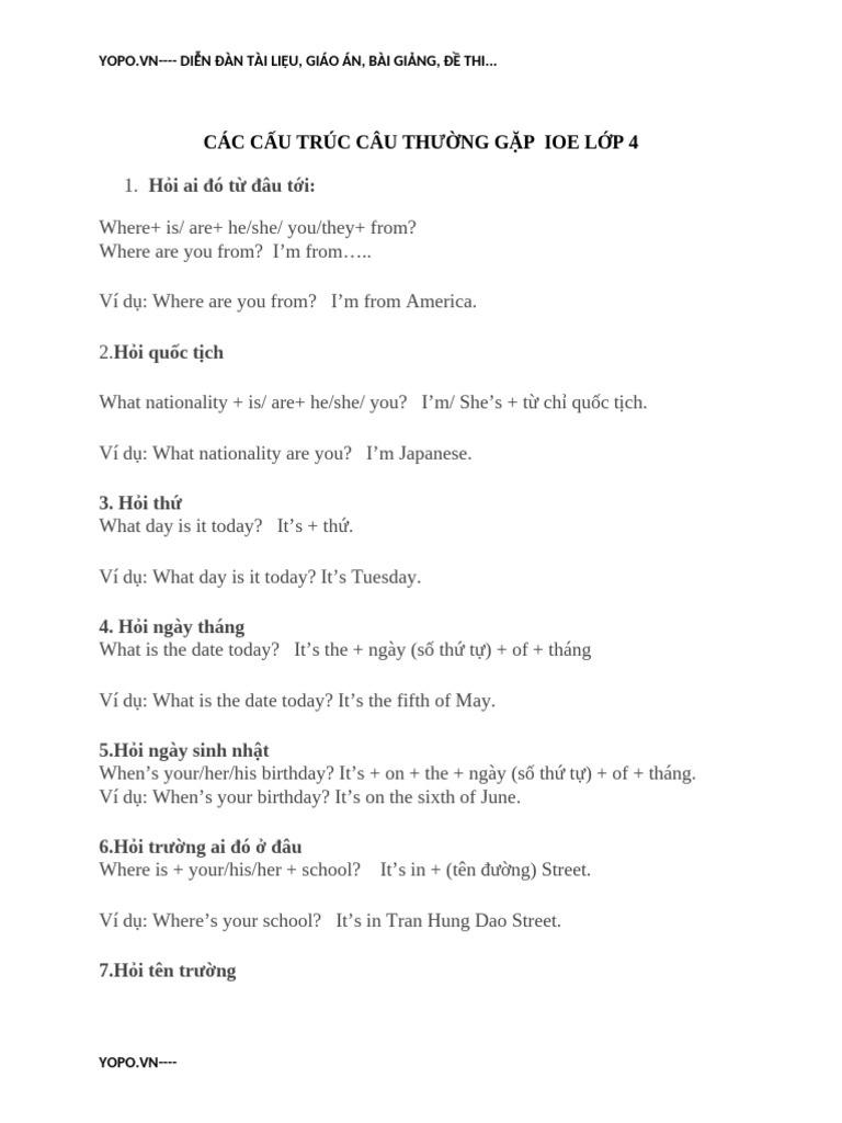 yopo.vn---CÁC CẤU TRÚC HỎI ĐÁP THƯỜNG XUẤT HIỆN TRONG BÀI THI IOE LỚP 4 | PDF