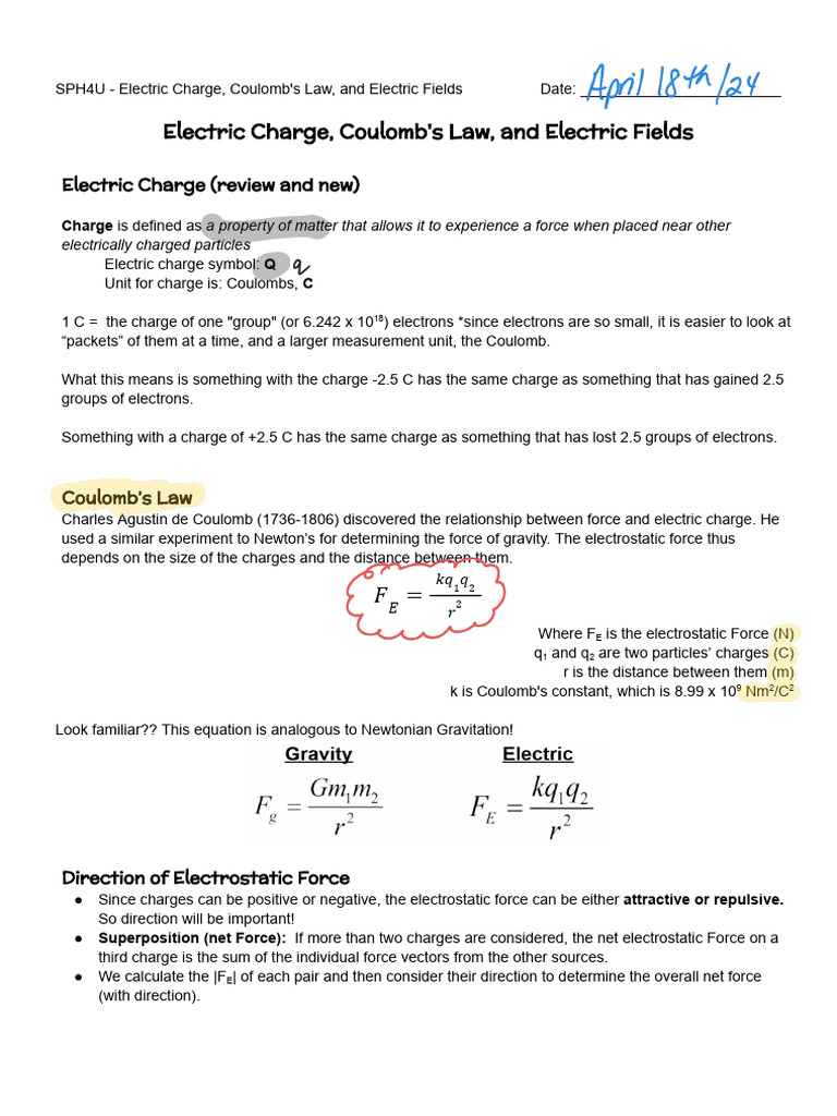 3.3 Electric Charge, Coulomb's Law Filled in | PDF | Force | Electric Field