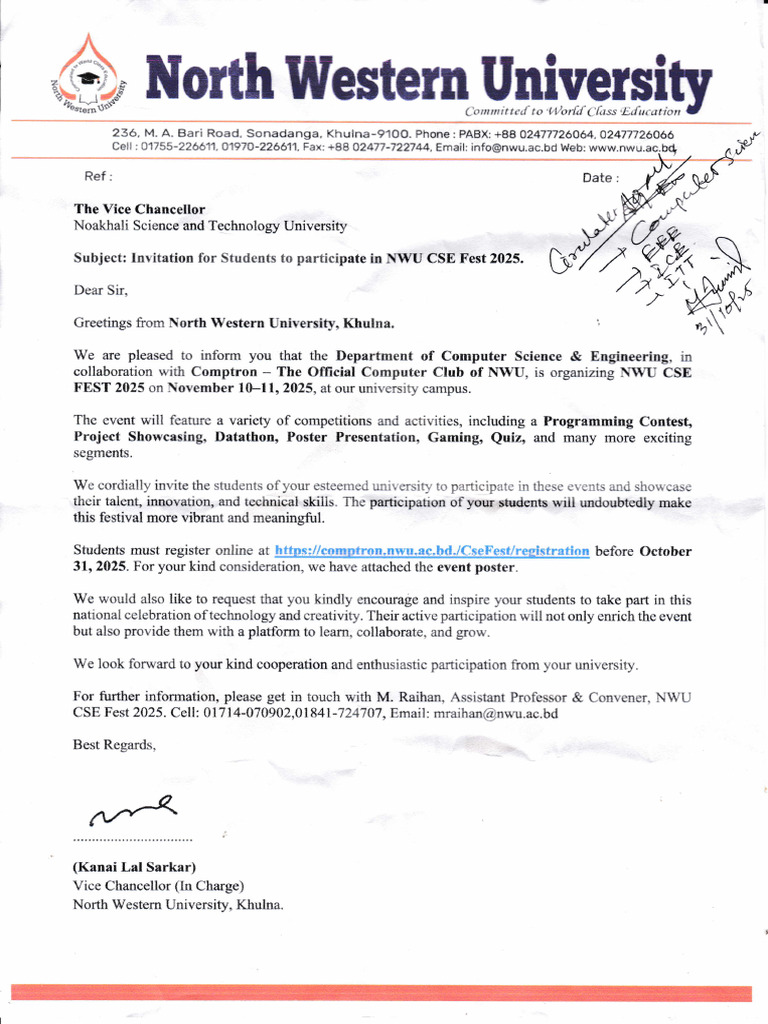 NWU CSE Fest 2025 Invitation Letter | PDF