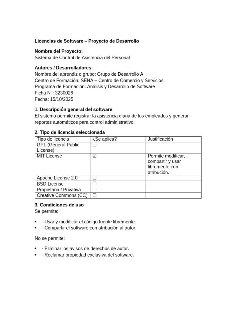 Licencia MIT para Sistema de Asistencia | PDF
