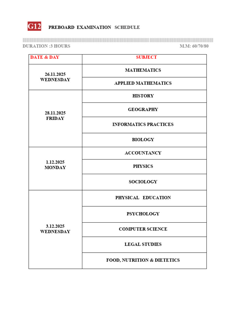 G12 Preboard Exam Schedule 2025 | PDF | Science